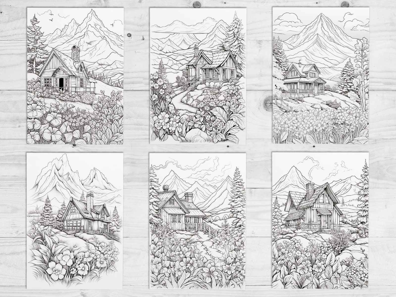 35 Mountain House Coloring Page, Blooming Landscape, Nature Coloring ...