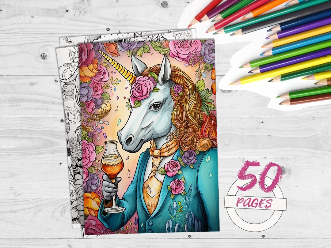 50 Unicorn Coloring Pages, Party Time Coloring Book, Floral, Fun and ...