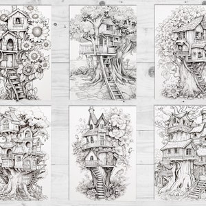 40 Enchanted Tree House Coloring Pages, Magical Forest, Fantasy ...