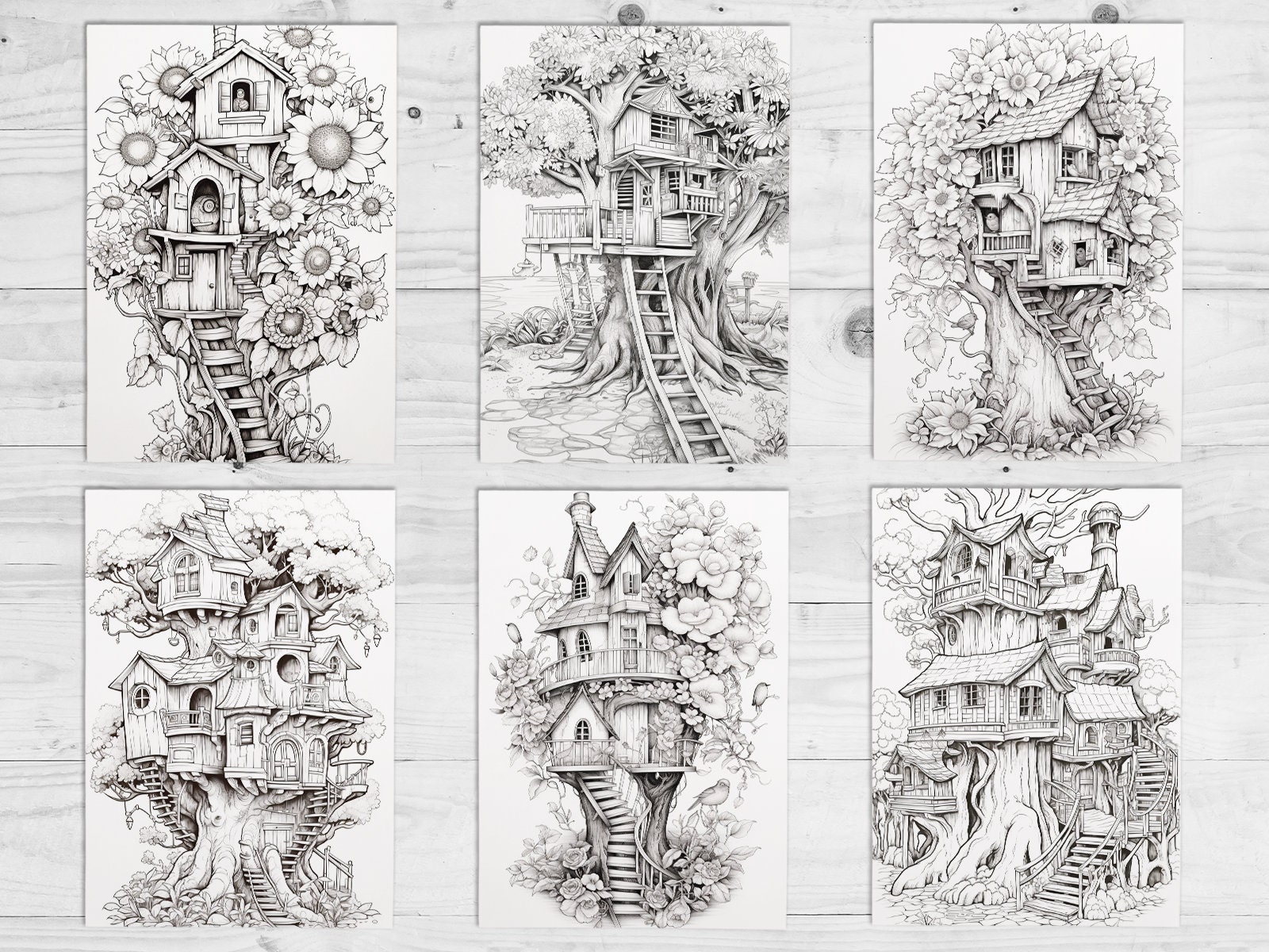 40 Enchanted Tree House Coloring Pages, Magical Forest, Fantasy ...