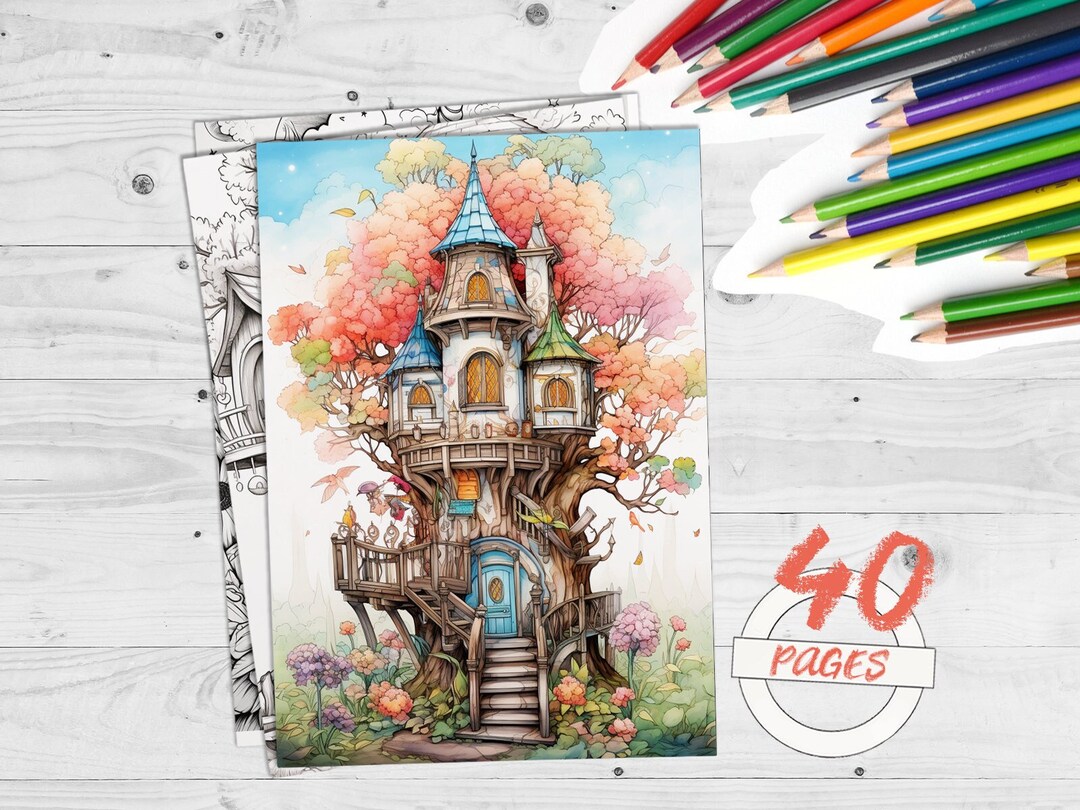 40 Enchanted Tree House Coloring Pages, Magical Forest, Fantasy ...