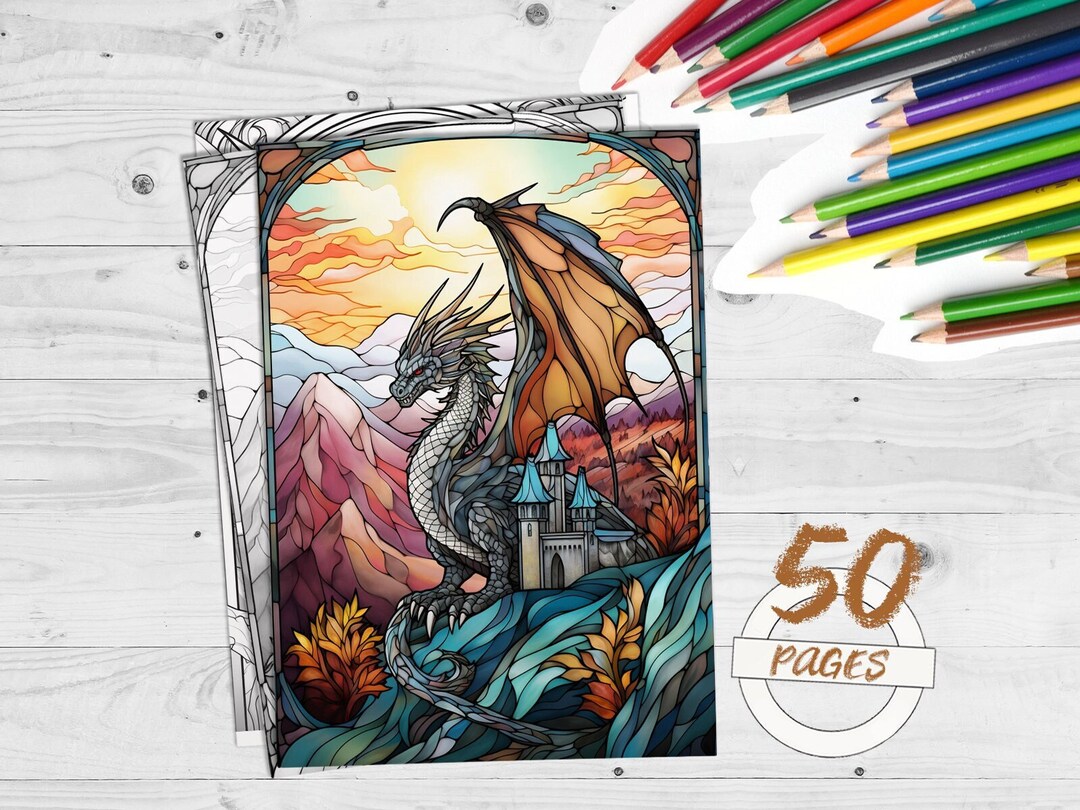 50 Stained Glass Dragon, Fantasy Dragon, Adult Coloring, Mythical ...