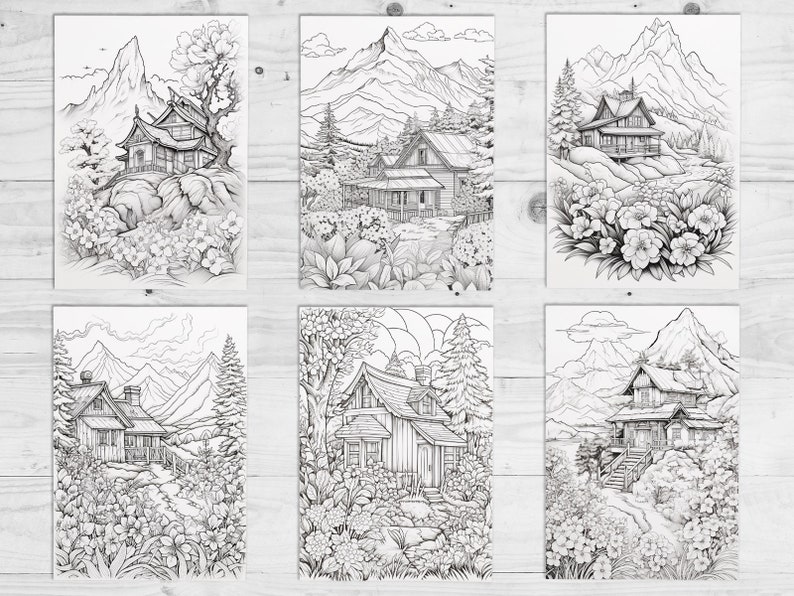 35 Mountain House Coloring Page, Blooming Landscape, Nature Coloring ...