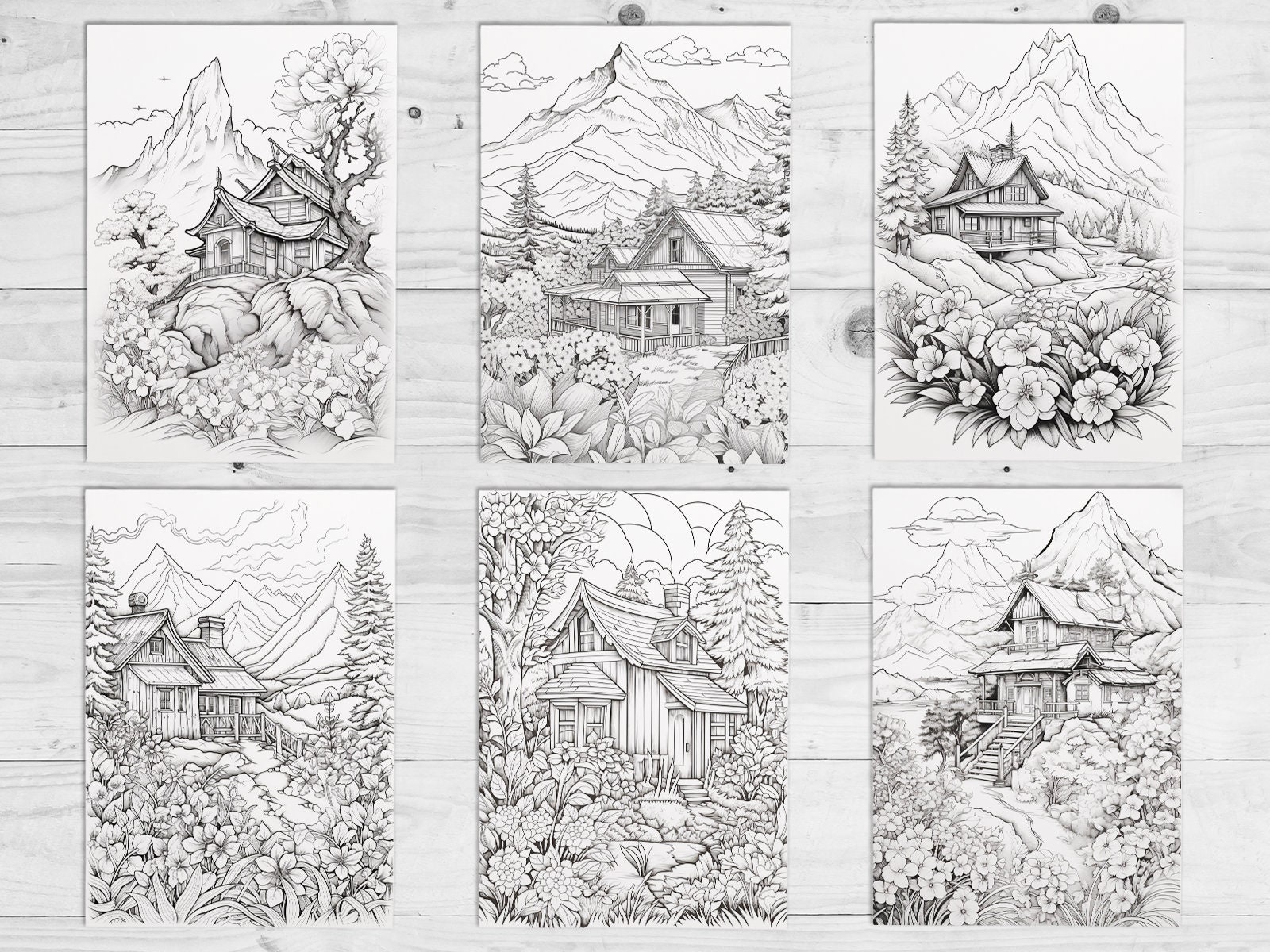 35 Mountain House Coloring Page, Blooming Landscape, Nature Coloring ...