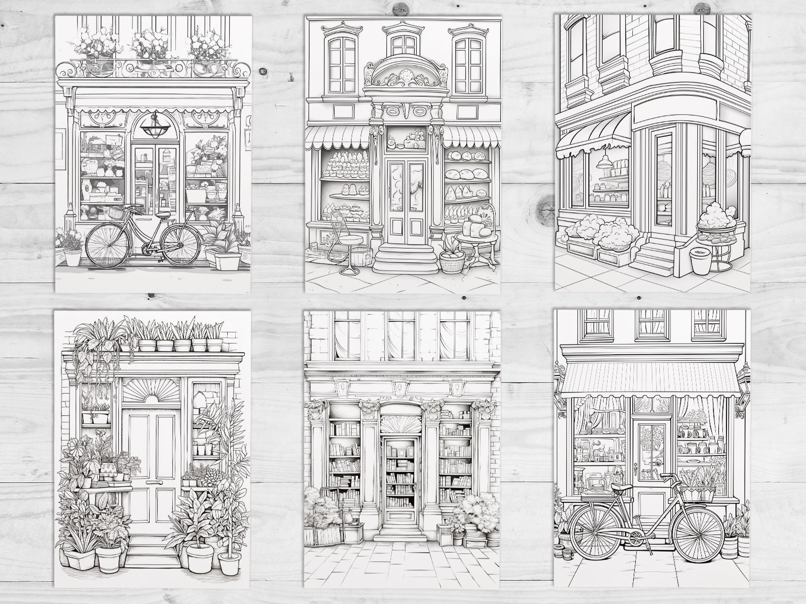 50 Vintage Storefront Coloring Pages, Bicycle Coloring Book, Retro ...