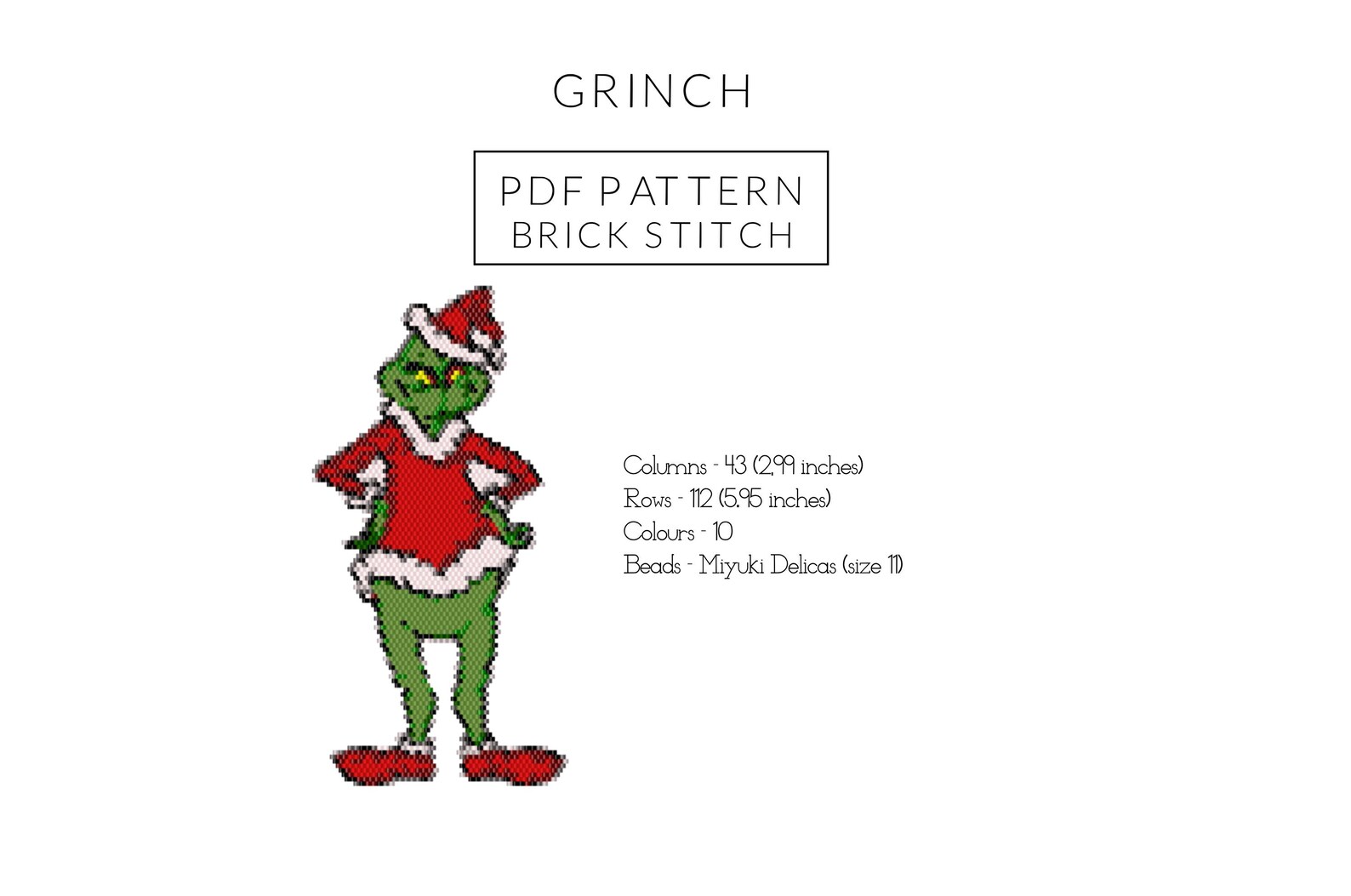 Grinch Bead Pattern, Brick Stitch Pattern for Miyuki Delicas 11/0, Seed ...