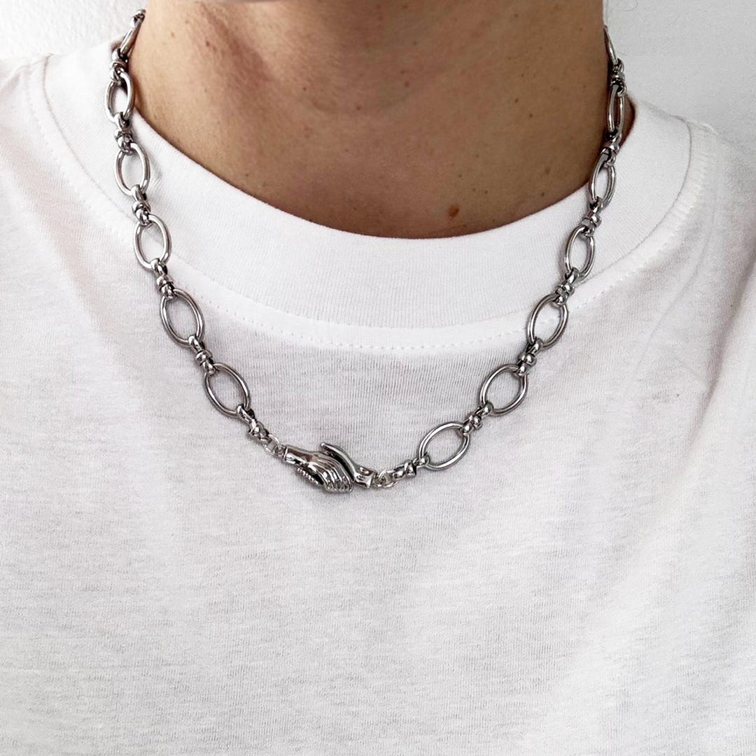 Magnetic Handshake Clasp Necklace in White Gold Plated Oval Chain - Etsy