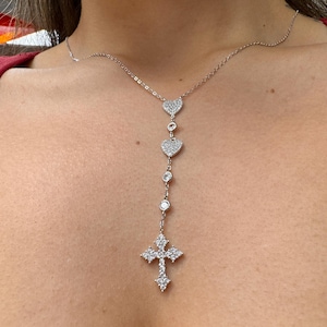 Diamond CZ Cross Lariat Necklace: Sterling Silver Rosary - Etsy