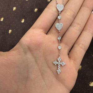 Diamond CZ Cross Lariat Necklace: Sterling Silver Rosary - Etsy