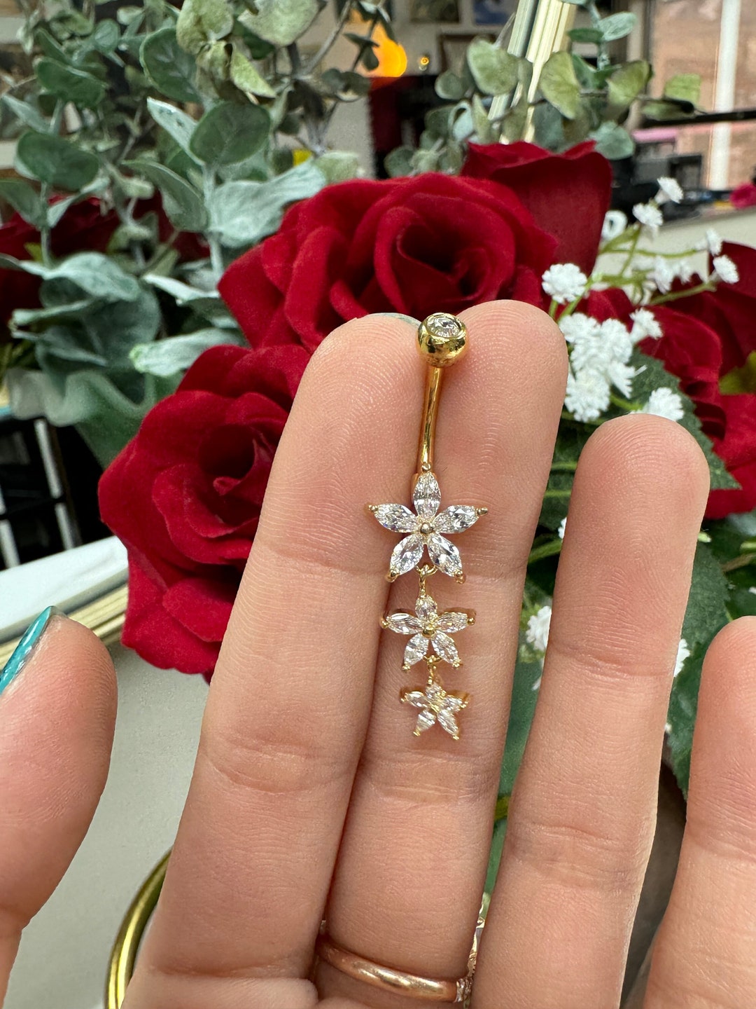 Flower Belly Ring/ 14k Gold Belly Ring/dangly Flower Ring/sparkly Body ...