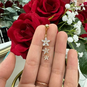 Flower Belly Ring/ 14k Gold Belly Ring/dangly Flower Ring/sparkly Body ...