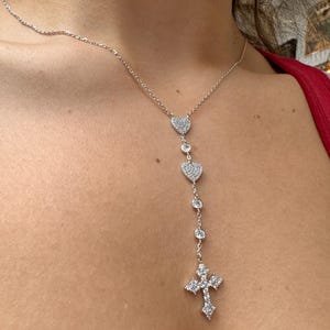 Diamond CZ Cross Lariat Necklace: Sterling Silver Rosary - Etsy