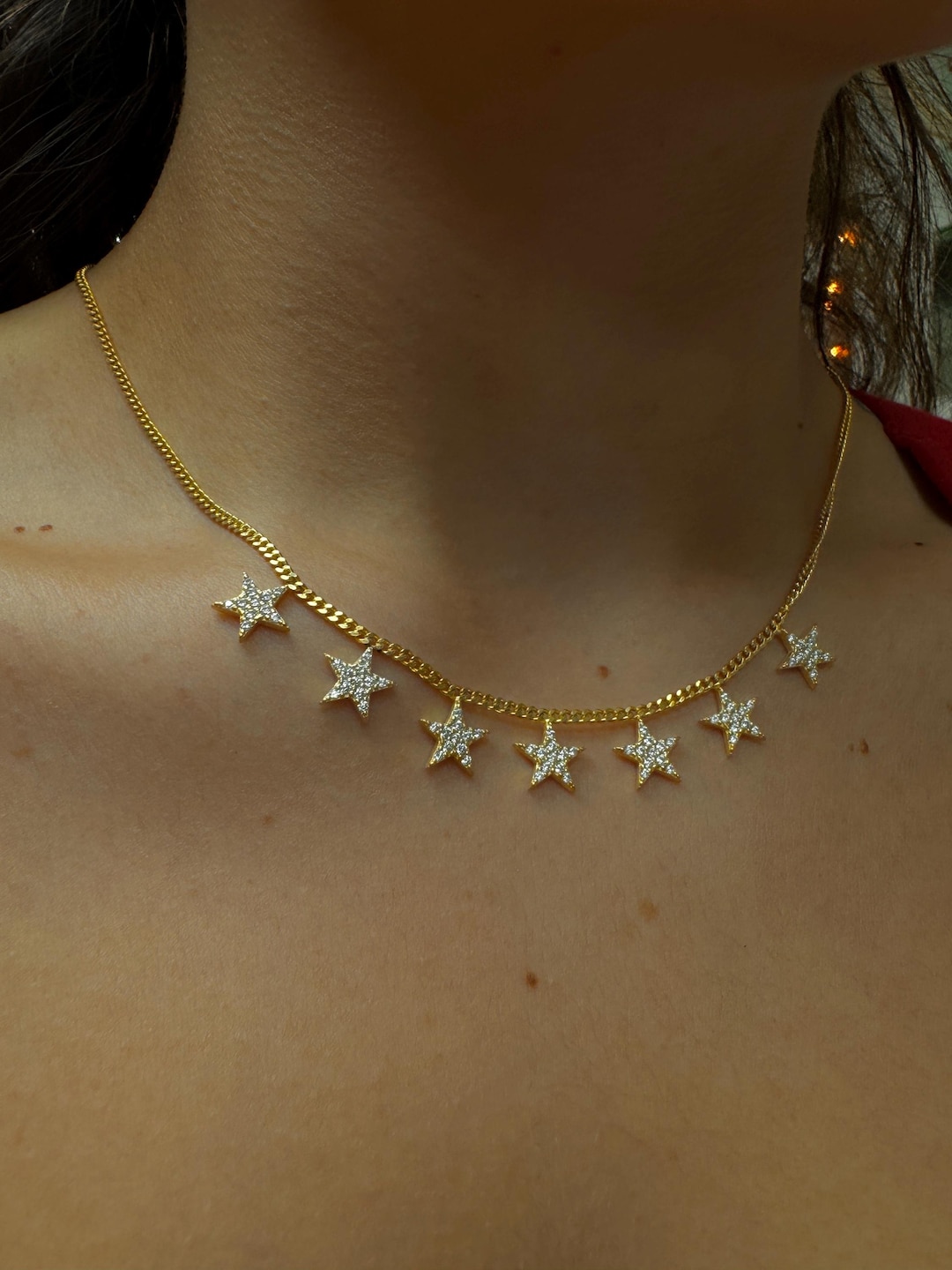 14k Gold Diamond CZ Gold Star Chain Necklace 14k Plated Sterling Silver ...