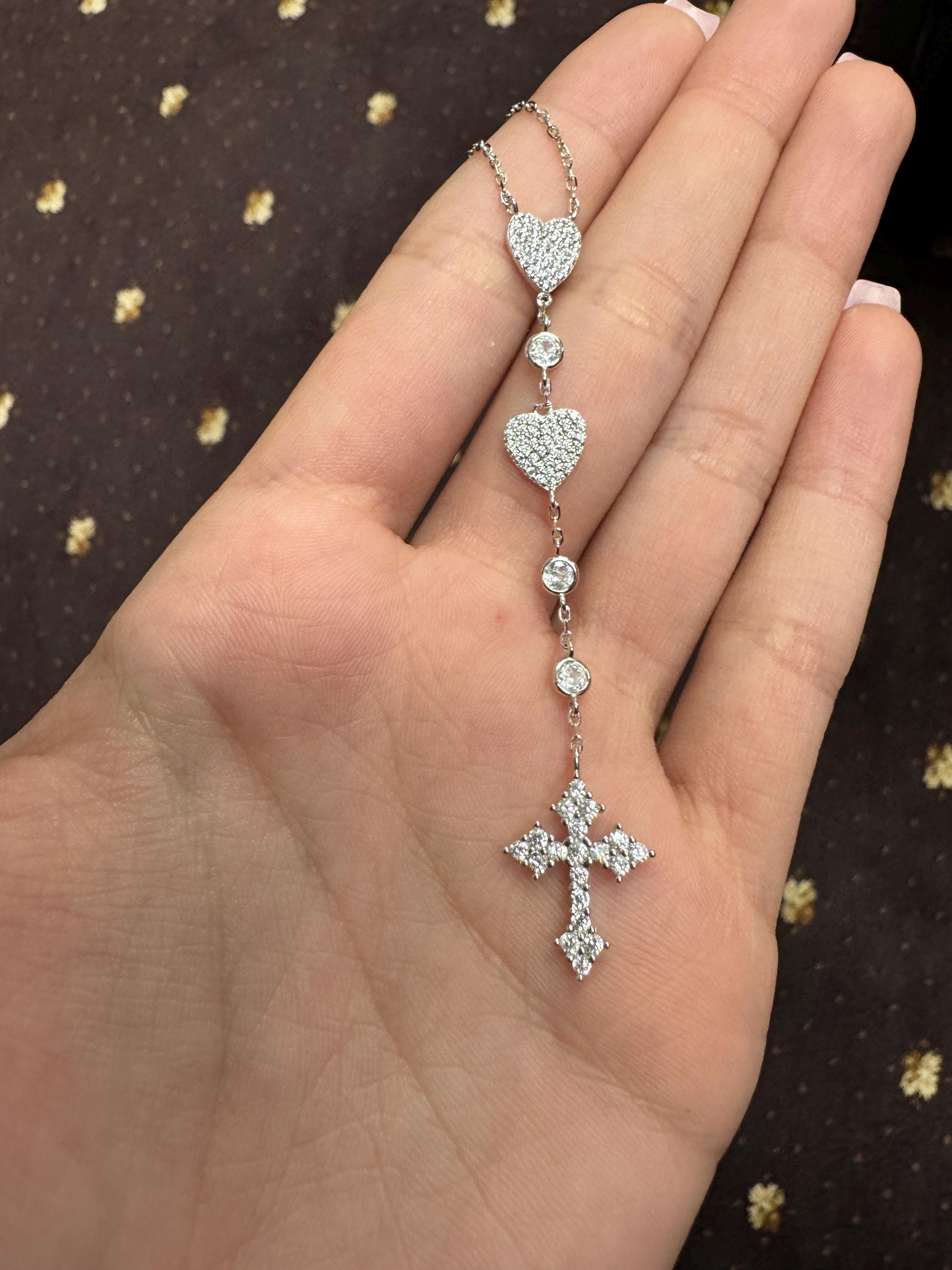 Diamond CZ Cross Lariat Necklace: Sterling Silver Rosary - Etsy