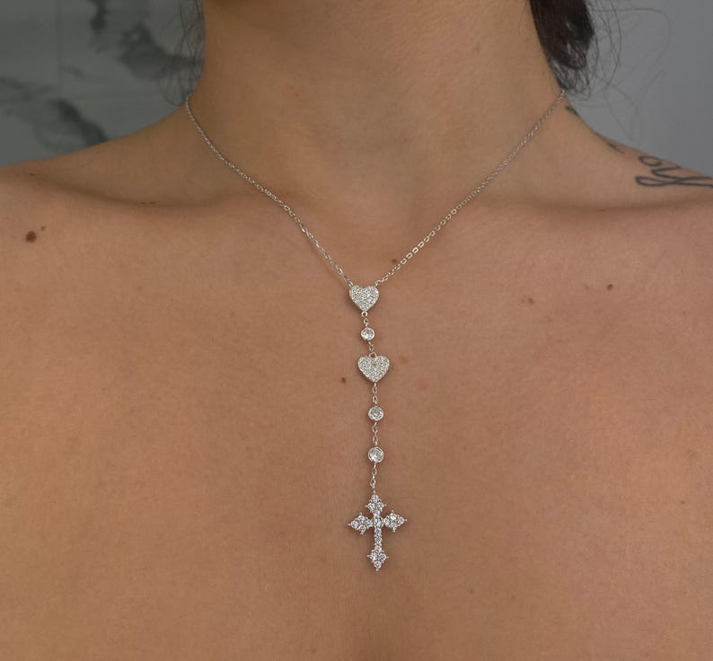Diamond CZ Cross Lariat Necklace: Sterling Silver Rosary - Etsy