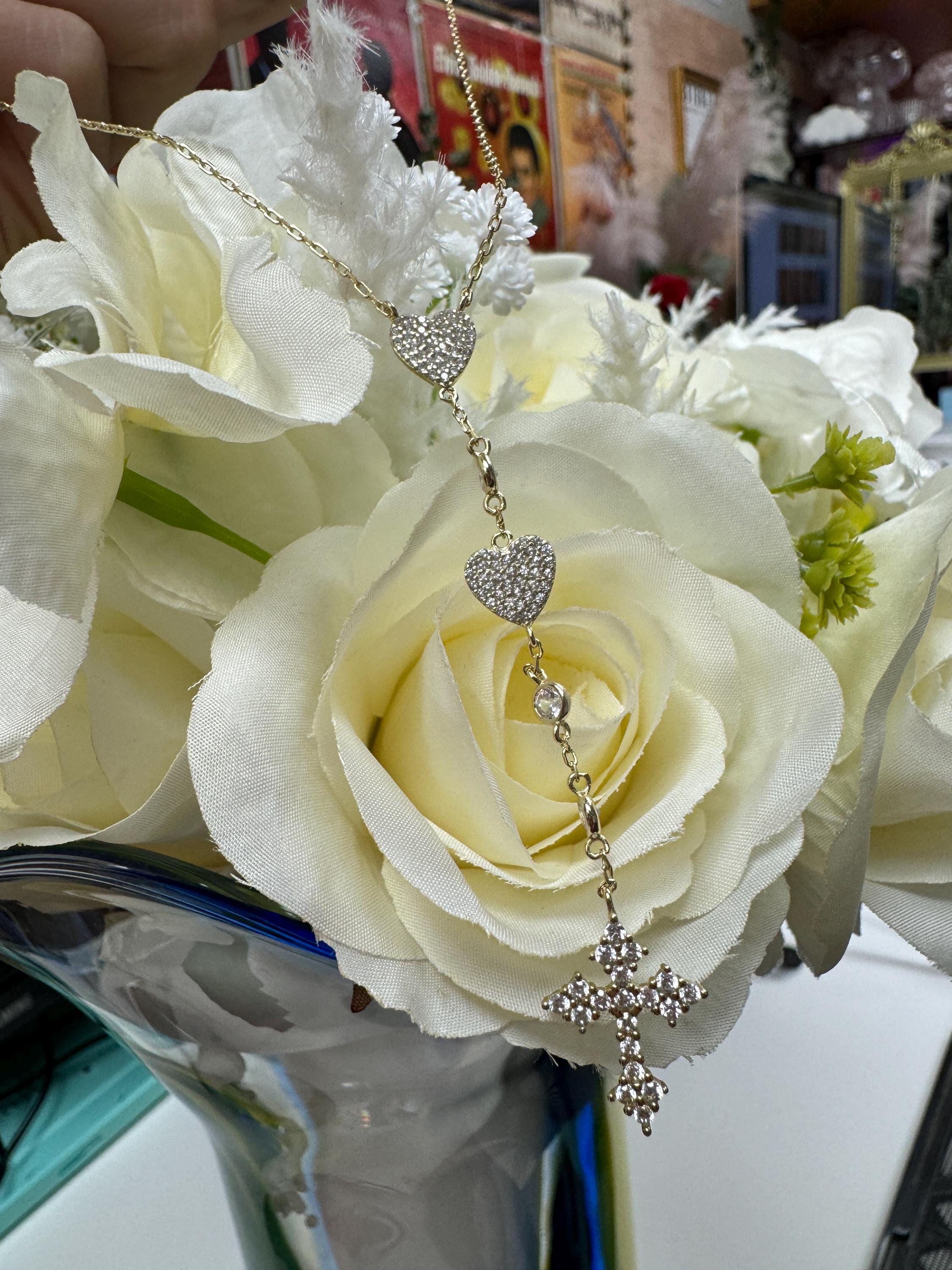 Diamond CZ Cross Lariat Necklace: Sterling Silver Rosary - Etsy