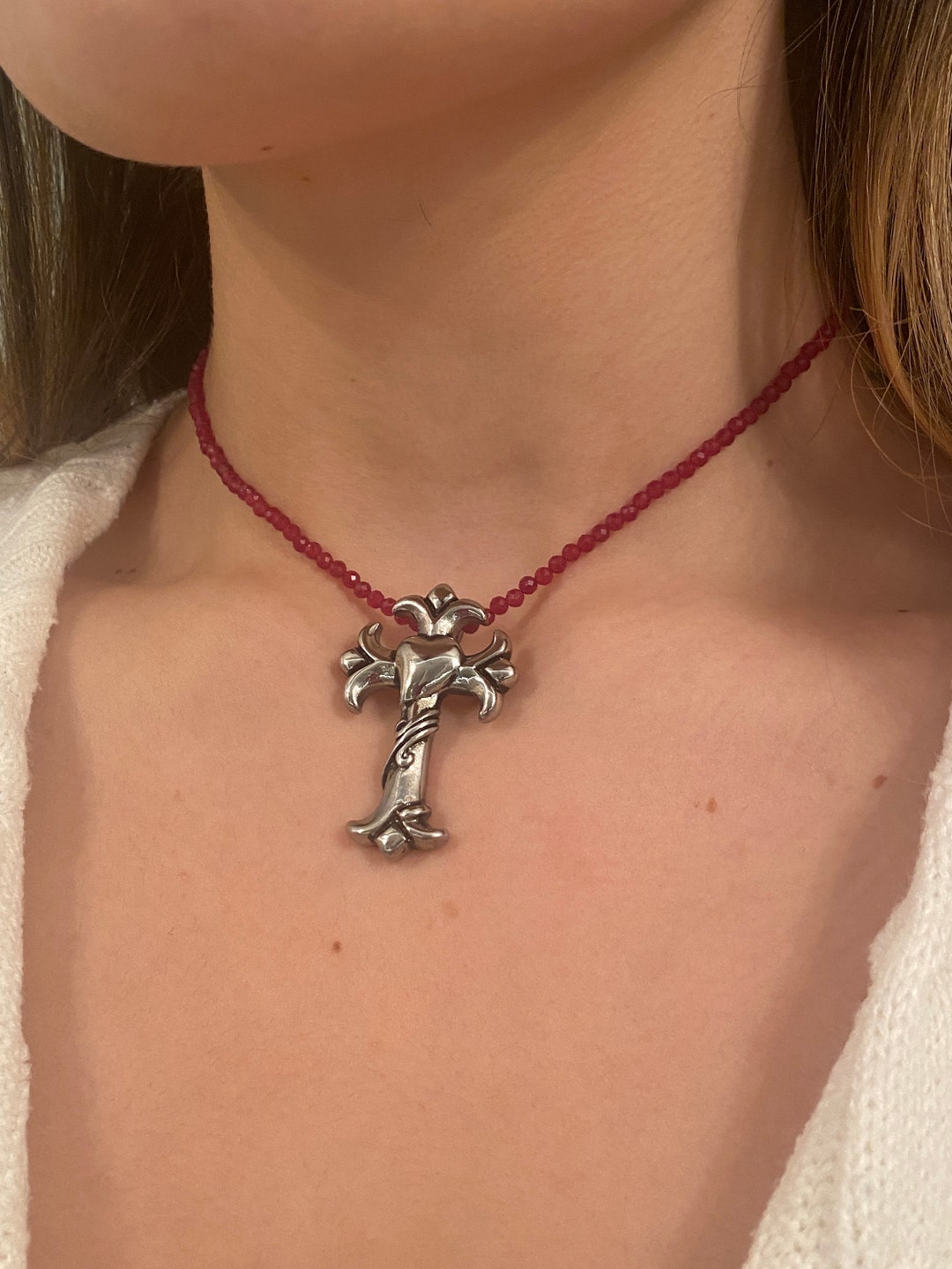 Ruby Cross Necklace | Big Cross Ruby Necklace | Handmade Ruby Cross Rosary Necklace| Gothic ...