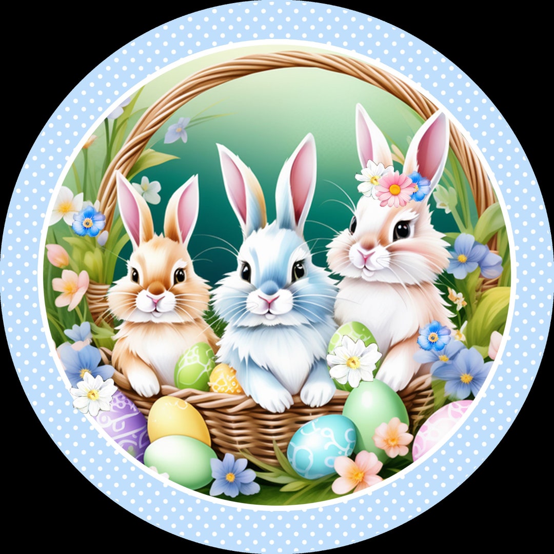 3 Easter Bunnies in a Basket With Eggs and Shades of Blue and Pink - Etsy