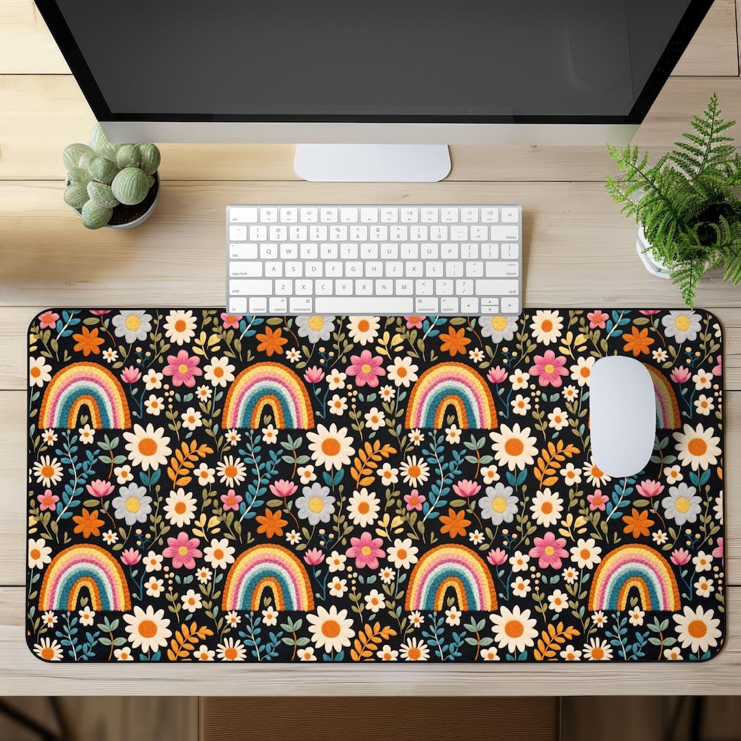 Floral Rainbow Faux Embroidered Desk Mat Floral Desk Pad Rainbow Mouse ...