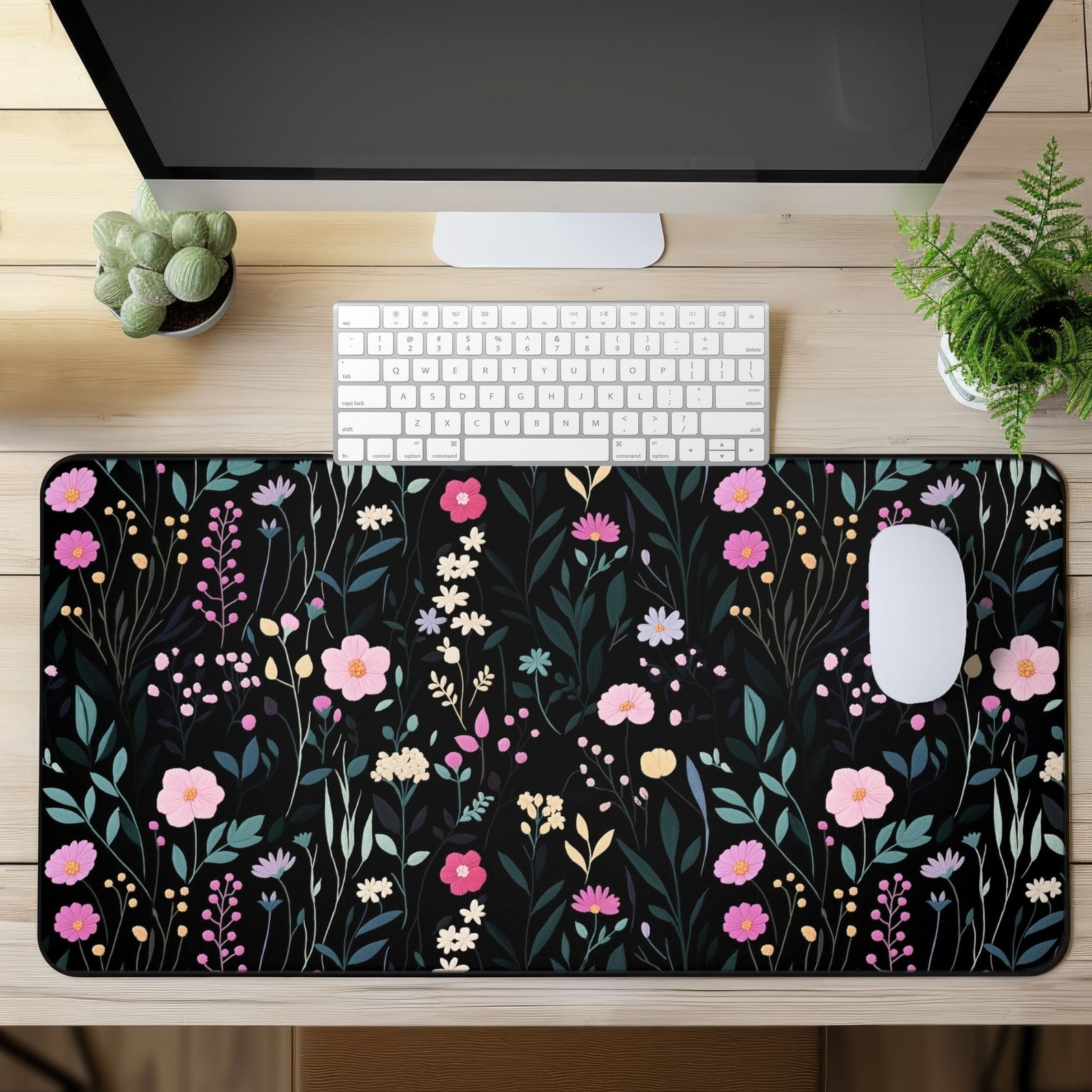 Botanical Florals Faux Embroidered Desk Mat Floral Desk Pad Desk Pad ...