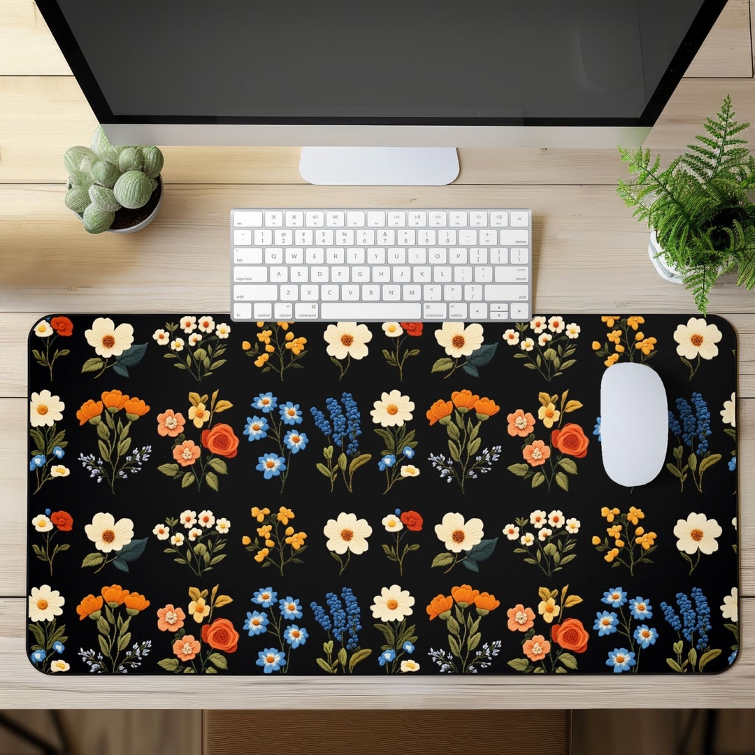 Floral Stems Faux Embroidered Desk Mat Floral Desk Pad Desk Pad Floral ...