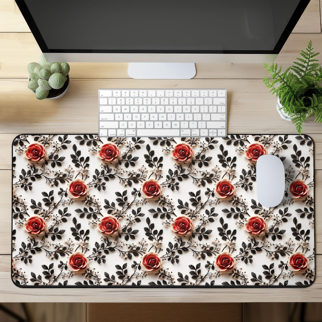 Red Rose Desk Mat 3D Rose Desk Pad Elegant Floral Mouse Pad Red Floral ...