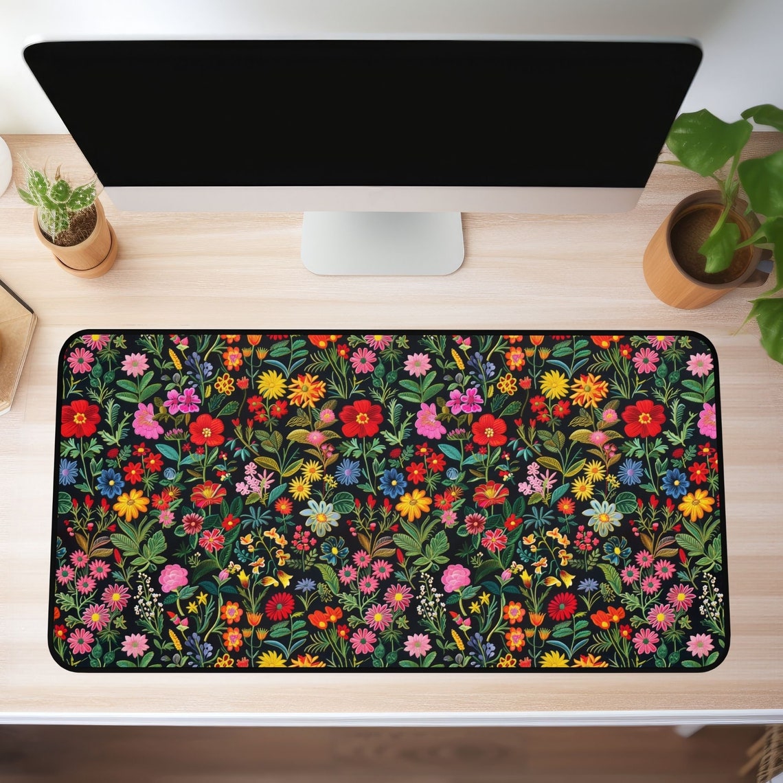Wildflower Faux Embroidered Desk Mat Floral Desk Pad Desk Pad ...