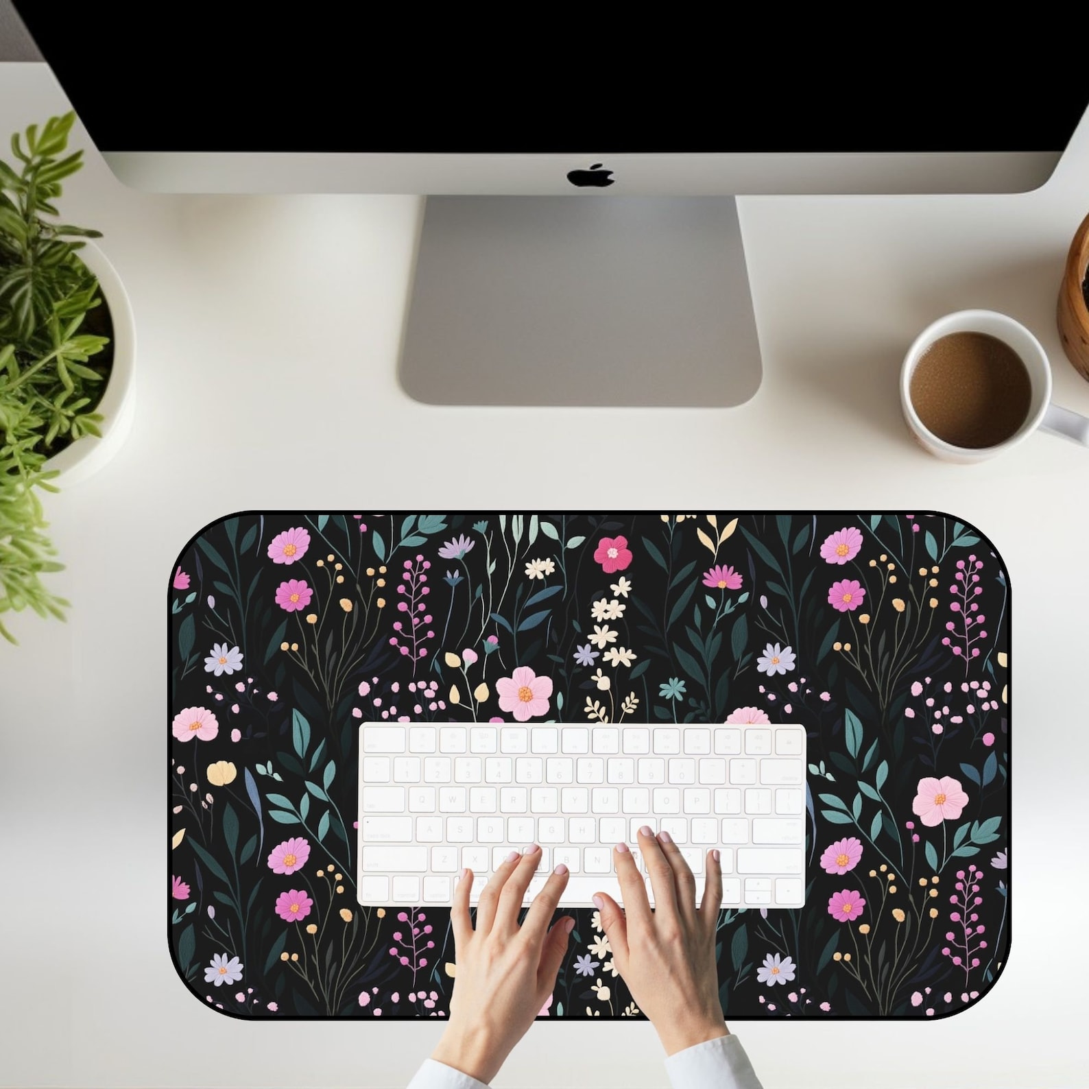 Botanical Florals Faux Embroidered Desk Mat Floral Desk Pad Desk Pad ...