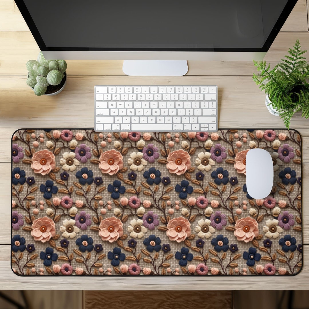 Floral Faux Embroidered Desk Mat Floral Desk Pad Desk Pad Floral Mouse ...