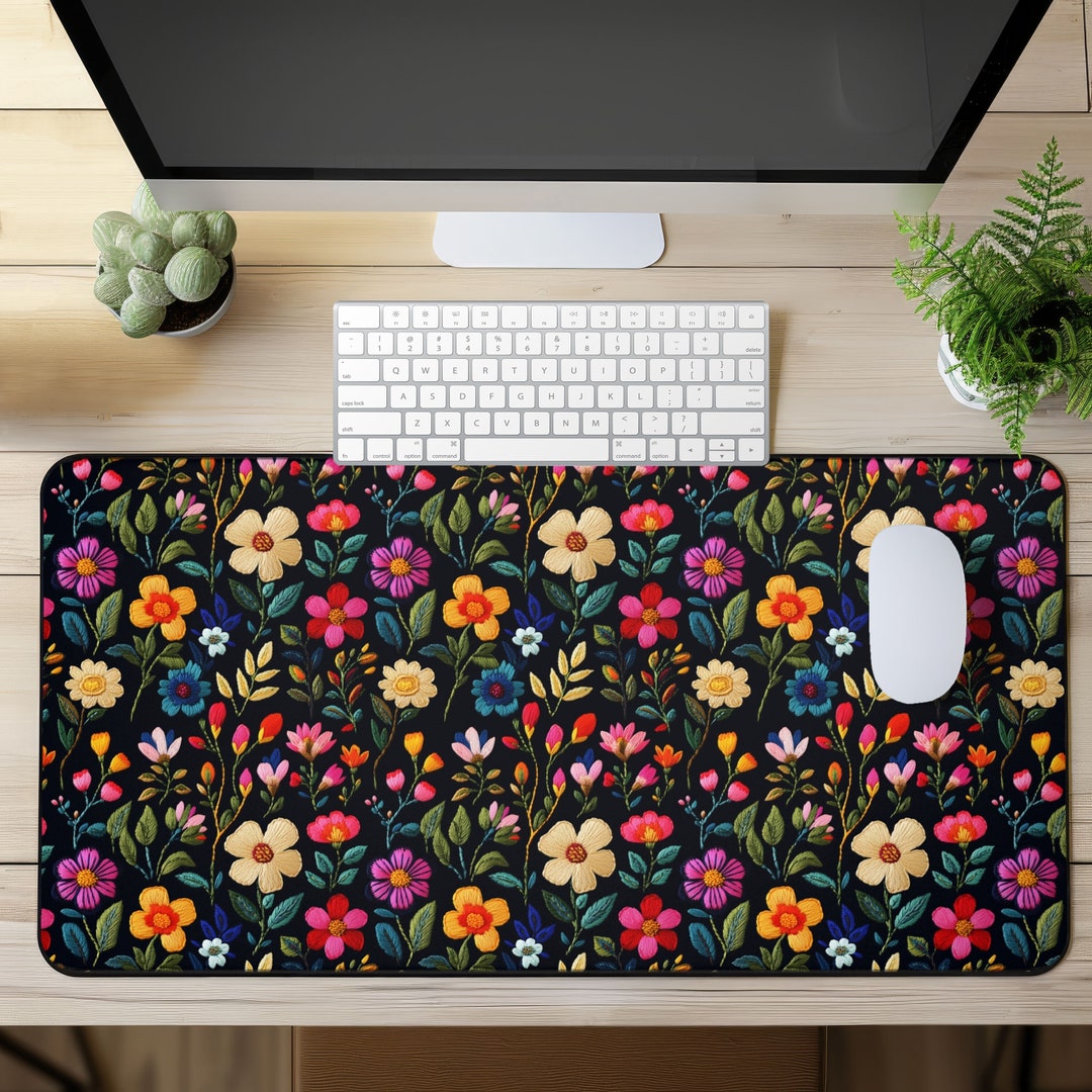 Tropical Wildflower Faux Embroidered Desk Mat Floral Desk Pad Desk Pad ...