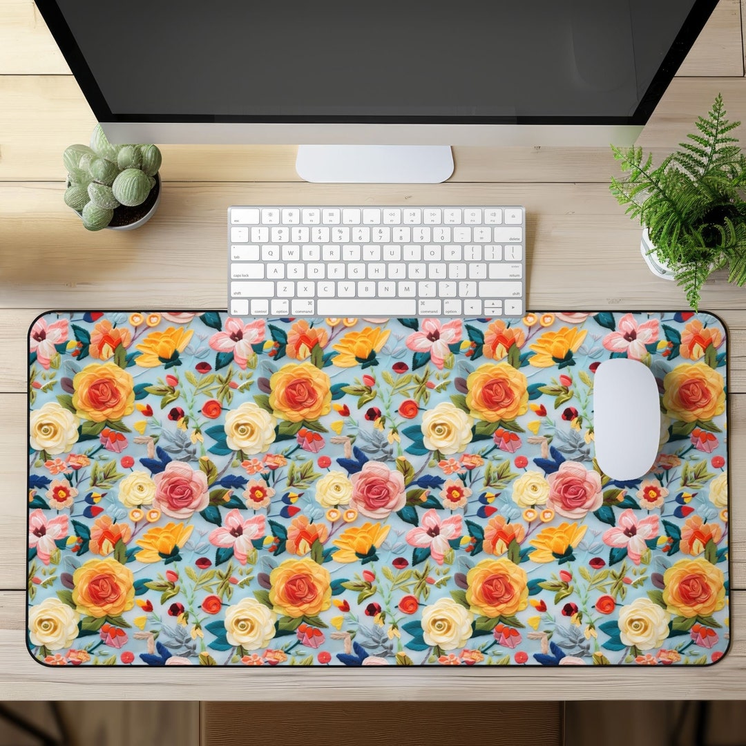 Rose Floral Faux Embroidered Desk Mat Floral Desk Pad Desk Pad Floral ...
