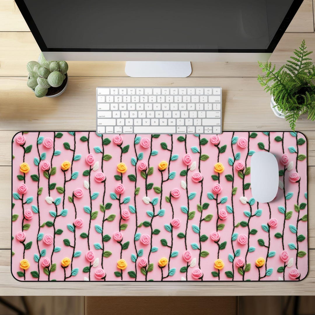 Pink Rose Floral Desk Mat Faux Embroidered Floral Desk Pad Floral Mouse ...