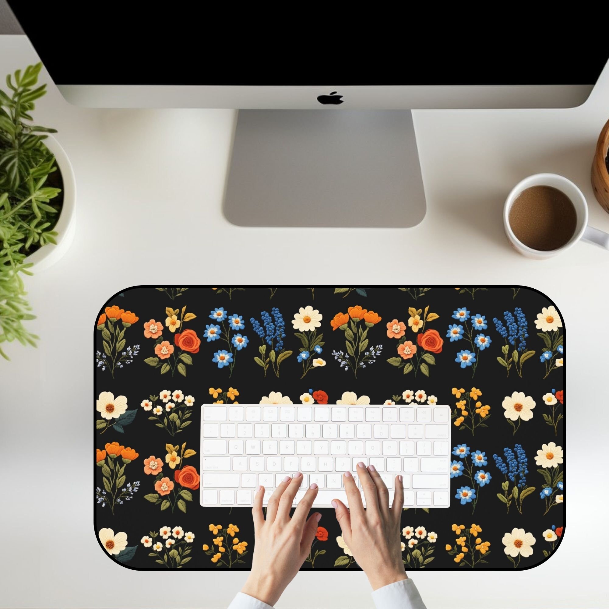 Floral Stems Faux Embroidered Desk Mat Floral Desk Pad Desk Pad Floral ...