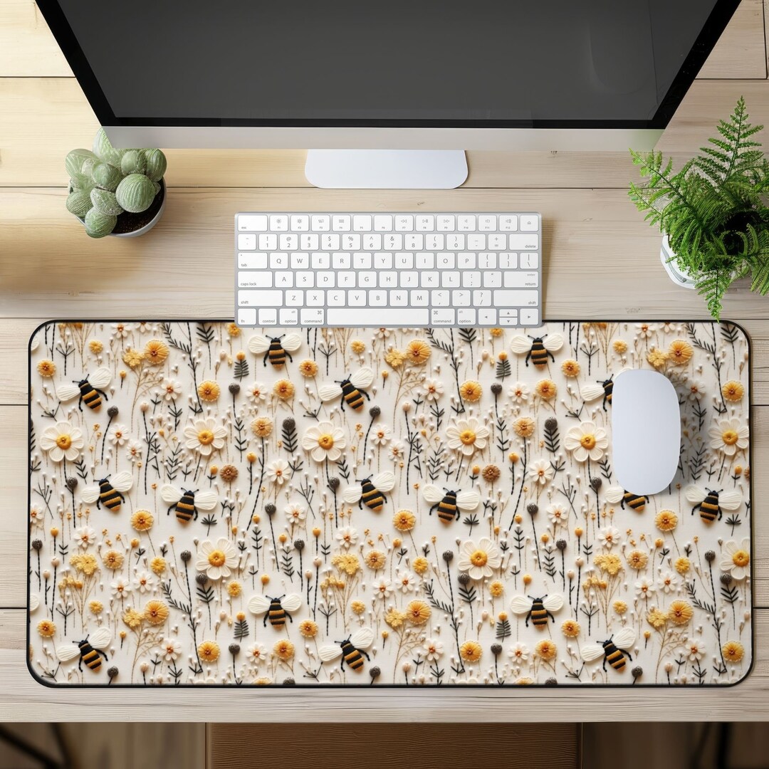 Bumblebee Floral Desk Mat 3D Faux Embroidery Desk Pad Floral Bumblebee ...
