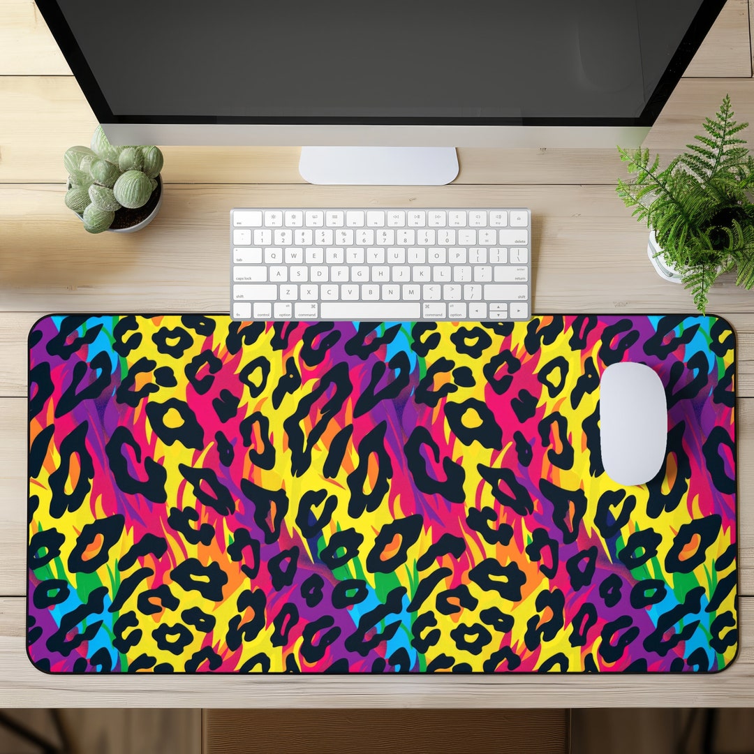 Neon Leopard Desk Mat Animal Print Desk Pad Retro Mouse Pad Rainbow ...