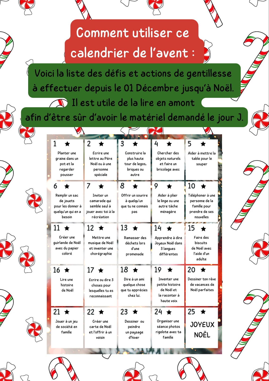 Calendrier de l’avent défis et actes de gentillesse - format A3 - Etsy ...
