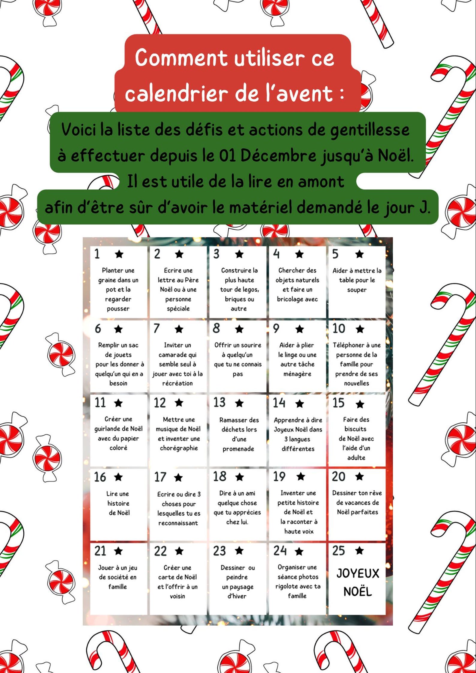 Calendrier de l’avent défis et actes de gentillesse - format A3 - Etsy ...