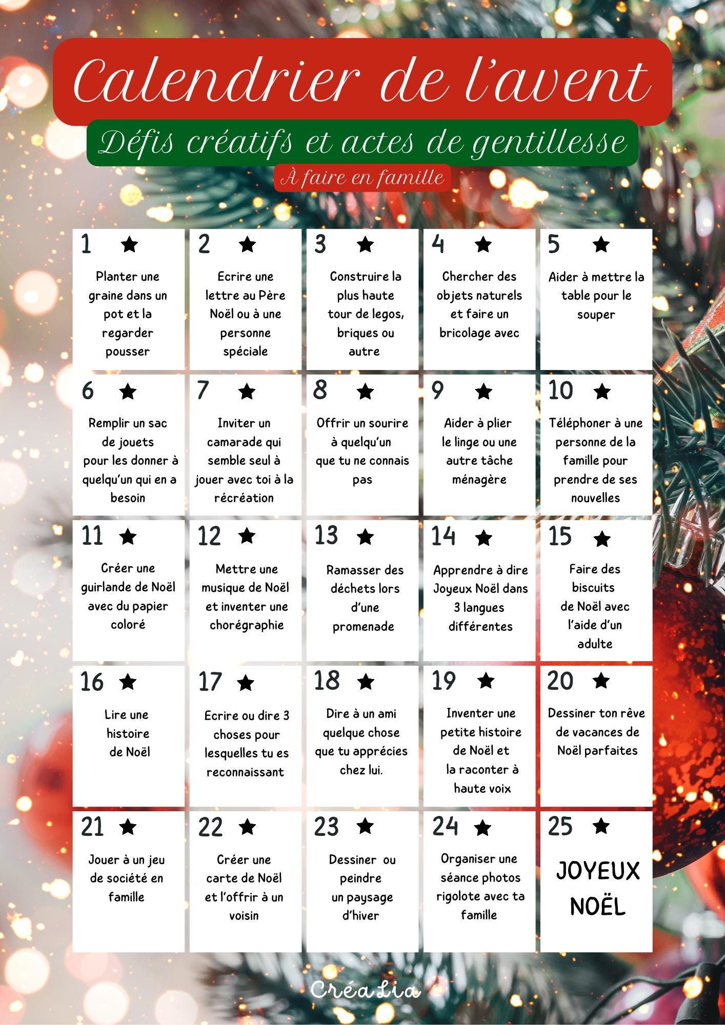 Calendrier de l’avent défis et actes de gentillesse - format A3 - Etsy ...