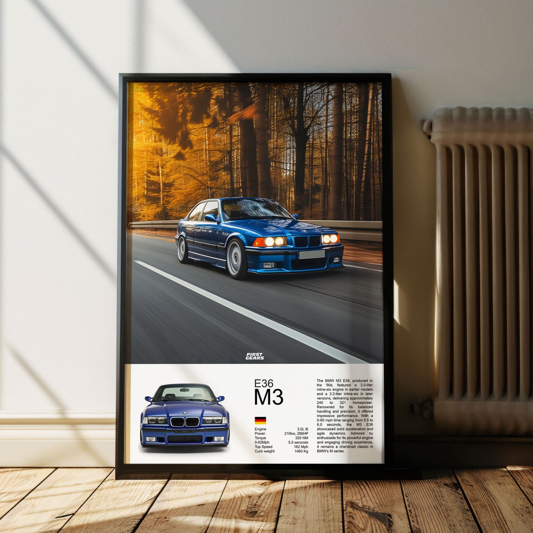 BMW M3 E36 Poster, German Supercar Wall Art Print, Luxury Car Wall Art ...