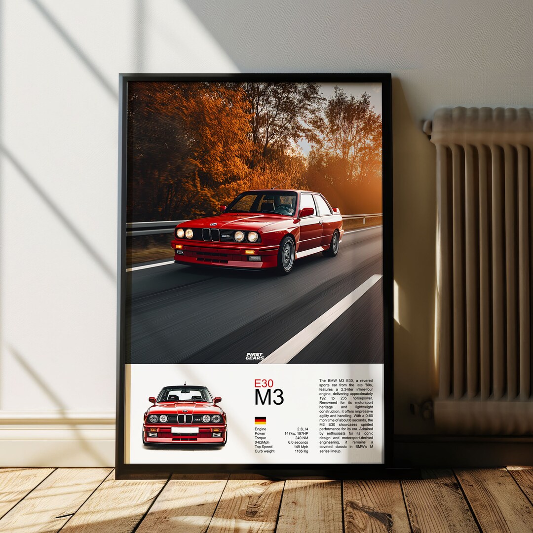 BMW M3 E30 Poster, German Vintage Supercar Wall Art, Automotive Decor ...