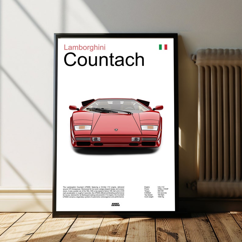 Lamborghini Countach Poster, Italian Vintage Supercar Wall Art ...