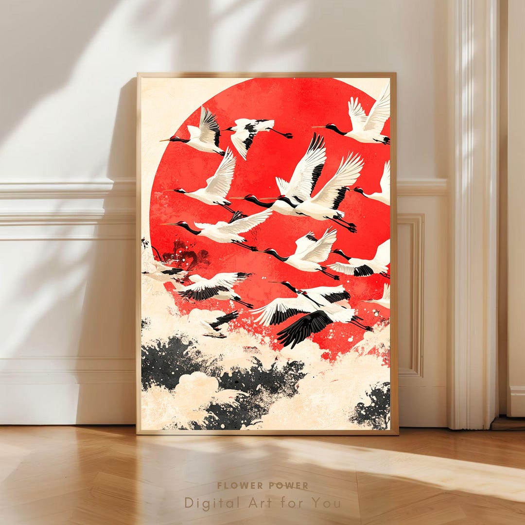 Japanese Red Sun Cranes Art Print, Asian Bird Painting, Wall Decor, FP7 ...