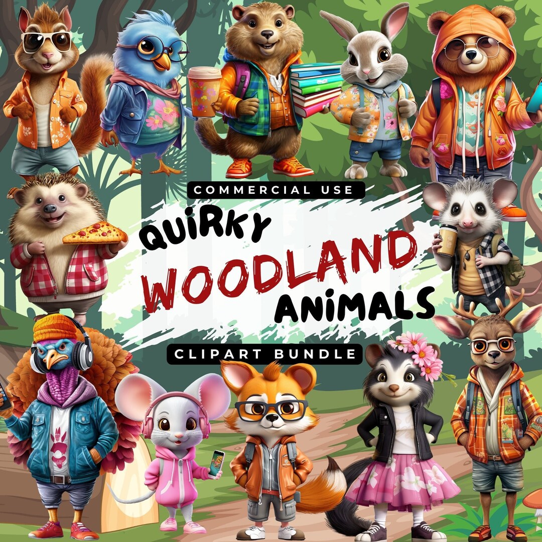 Quirky Woodland Animals Clipart Bundle Party Invitations Stickers Cute ...