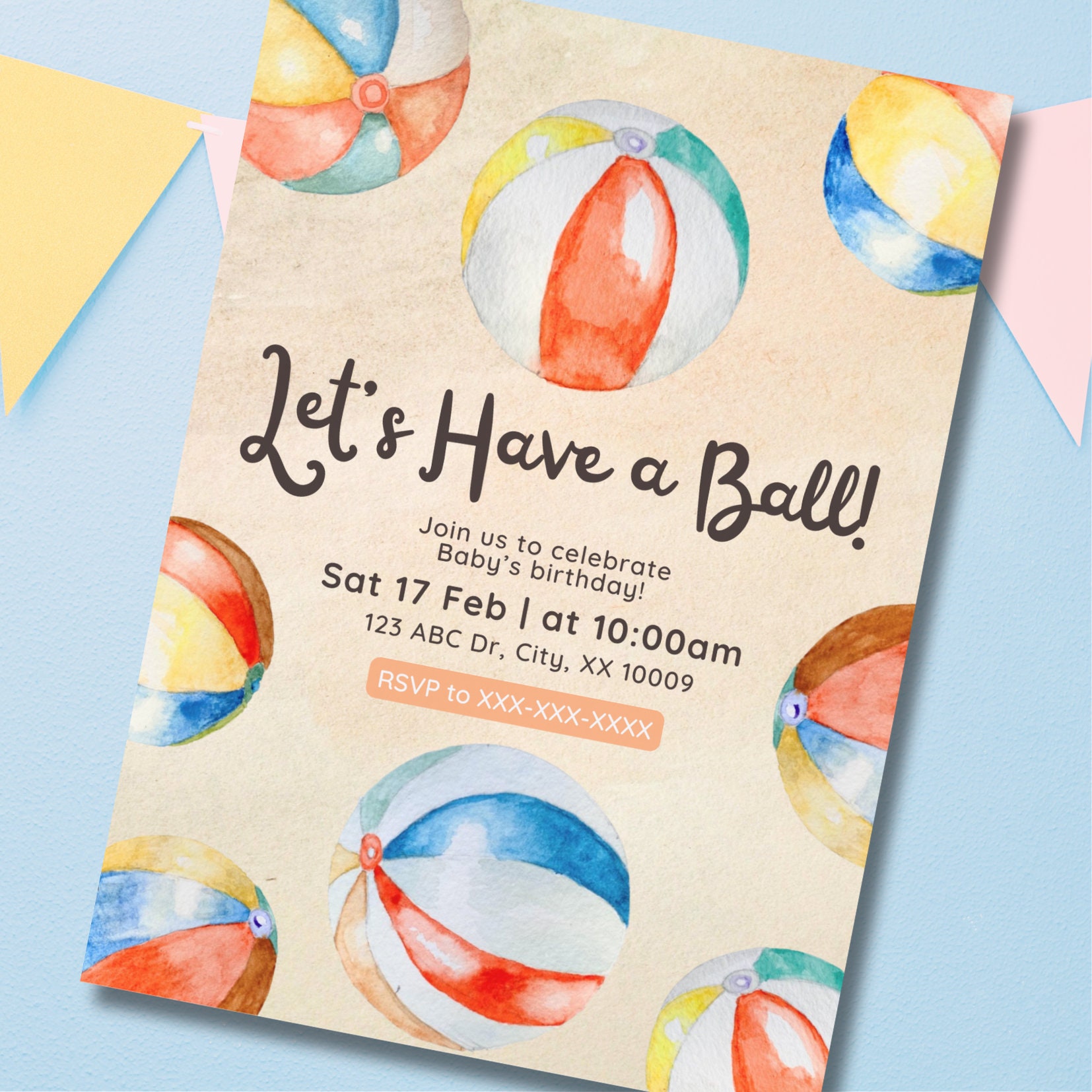 Let's Have a Ball Party Watercolor Birthday Party Invitation, Beach ...