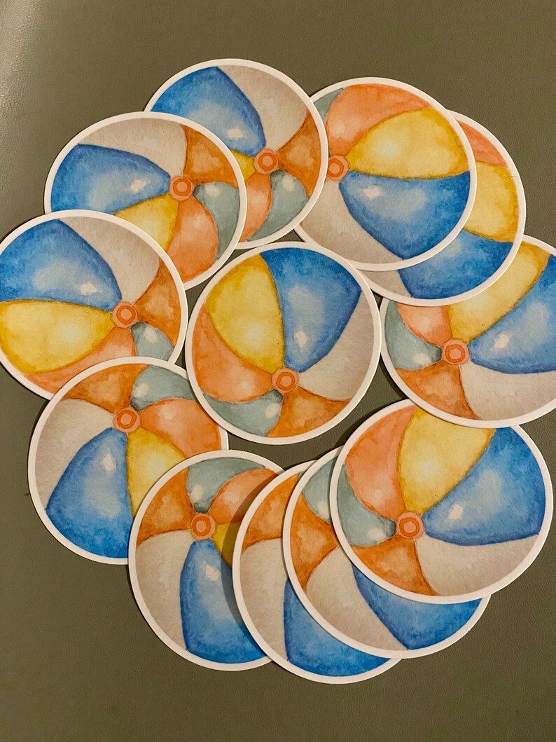 Beach Ball Sticker, Watercolor Summer Pool Party Favor, Splash Food ...