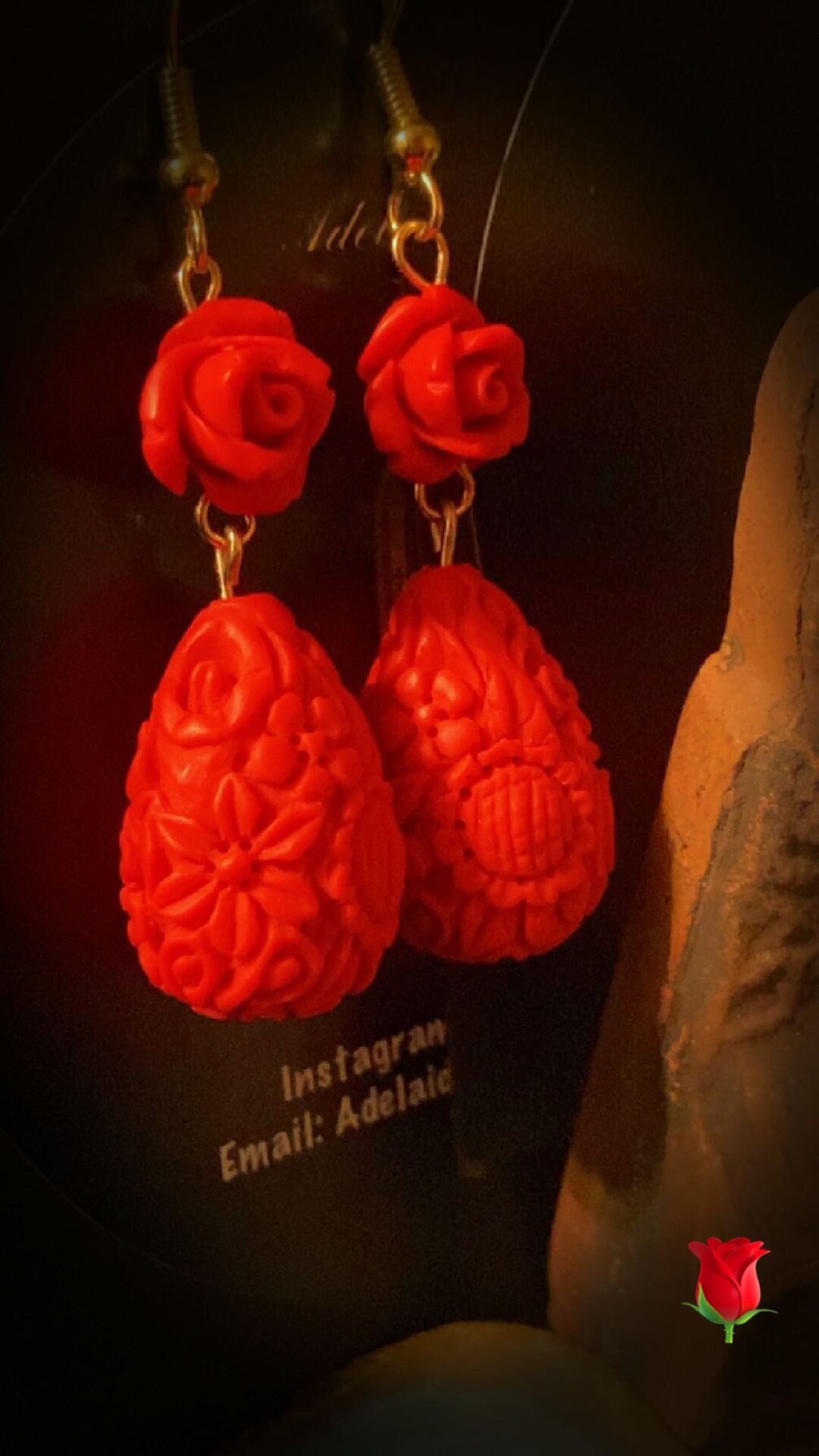 Handmade Carved Red Rose Hanging Cinnabar Earrings - Etsy