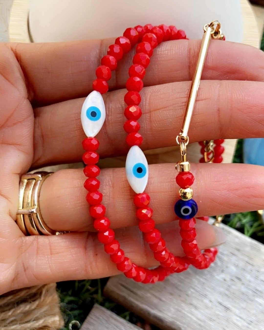 Mother of Pearl Shell Evil Eye Charm or Gold Charm Bar With Blue Glass ...