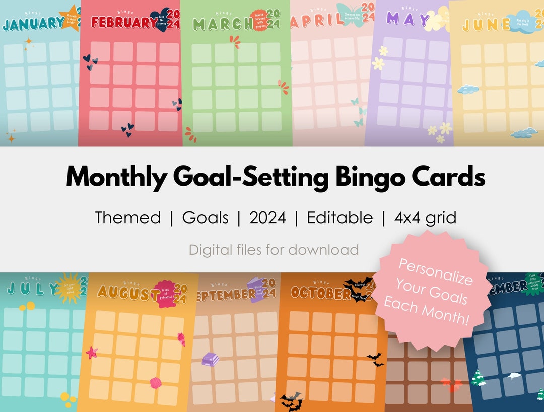 4x4 Colorful Themed Monthly Goal Setting & Planning Bingo 2024 Gamify ...