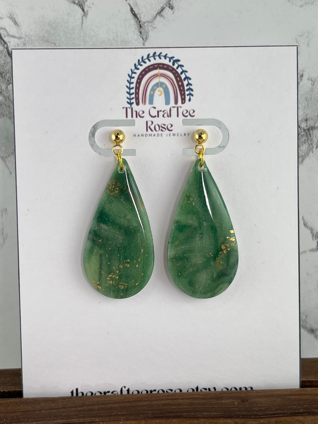 Teardrop Faux Jade Stone Gold Polymer Clay Dangle Earrings Handmade - Etsy