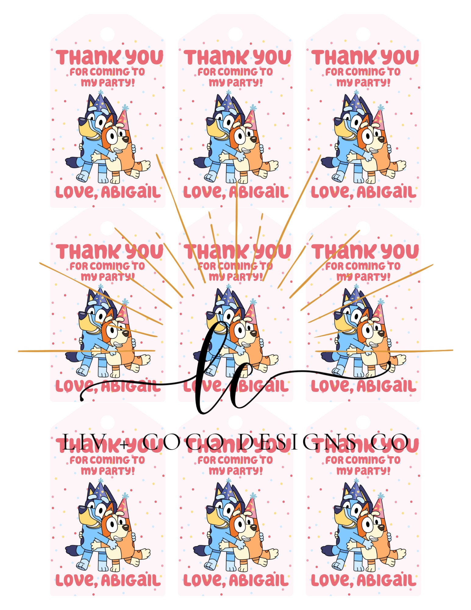 Pink Bluey Birthday Party Favor Tags - Nine 2” X 3.5” Tags per Sheet ...